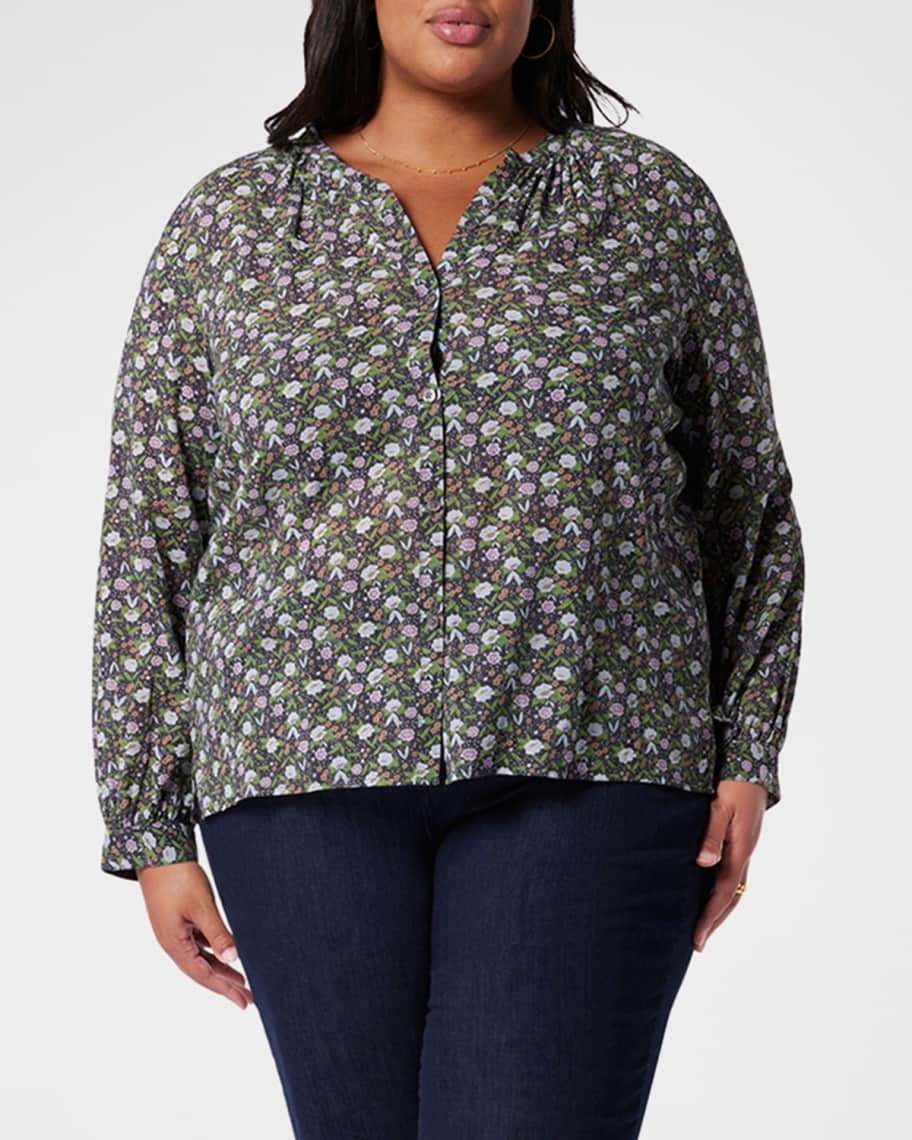 Joie Plus Size Fano Split-Neck Floral Cotton Shirt | Neiman Marcus