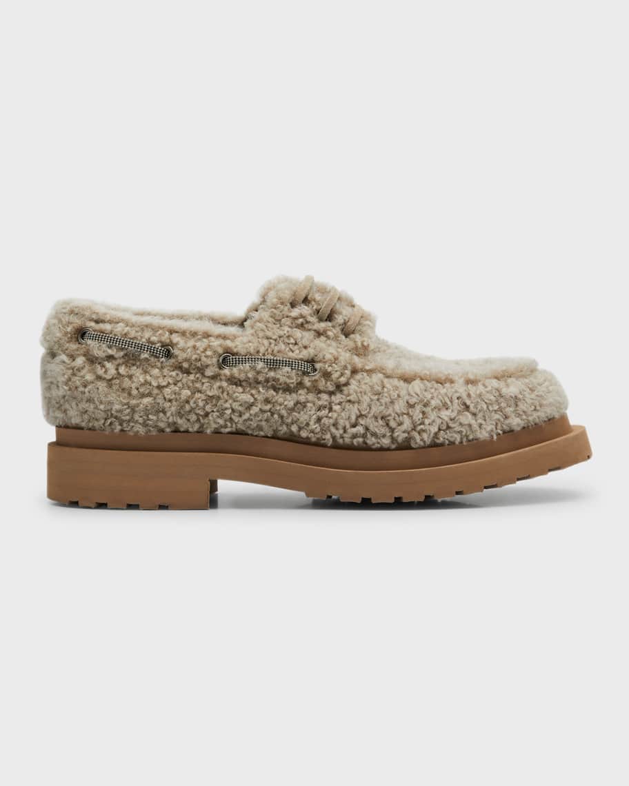 Brunello Cucinelli Shearling Monili Lace-Up Boat Shoes | Neiman Marcus