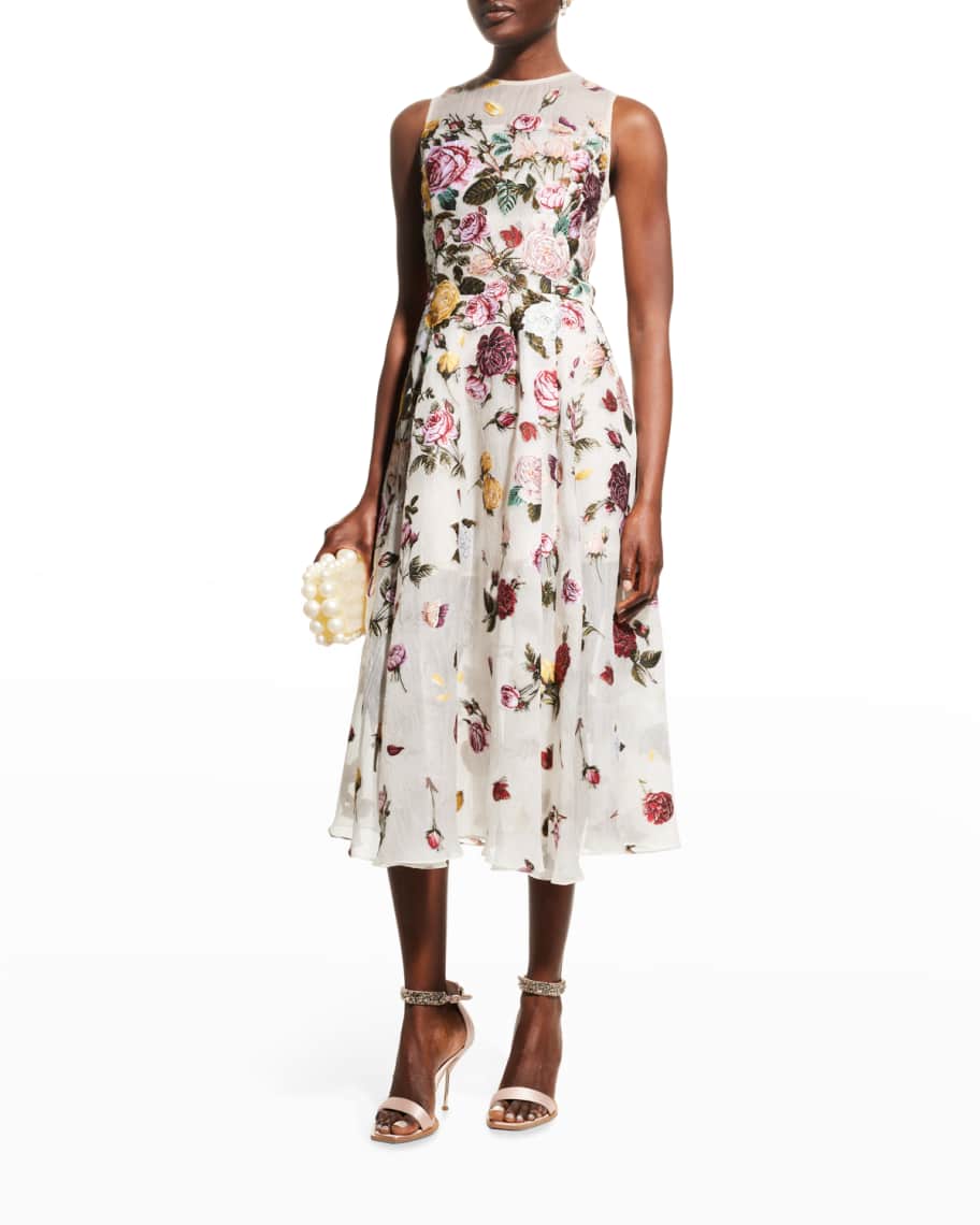Oscar de la Renta Roses Fil Coupe Embroidered Dress | Neiman Marcus