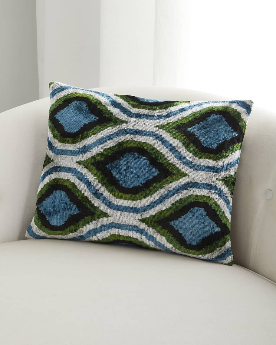 Les Ottomans Blue Color-Block Geometric Silk Velvet Cushion, 16x20 ...