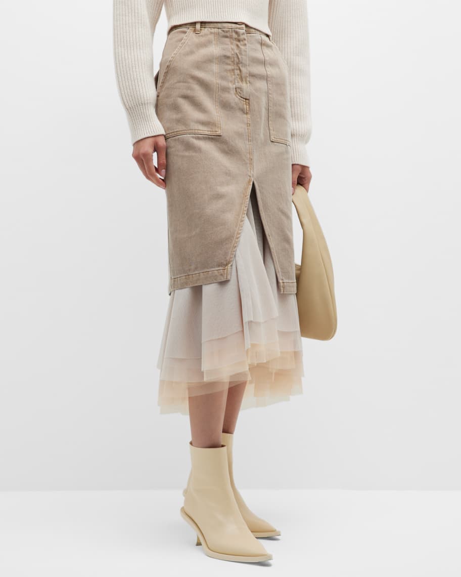 Le Superbe Ms. Benjamin Layered Denim Midi Skirt | Neiman Marcus