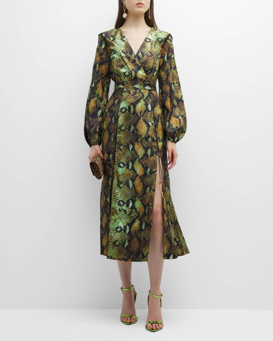 Roberto Cavalli Snakeskin-Print Lace-Up Midi Dress | Neiman Marcus