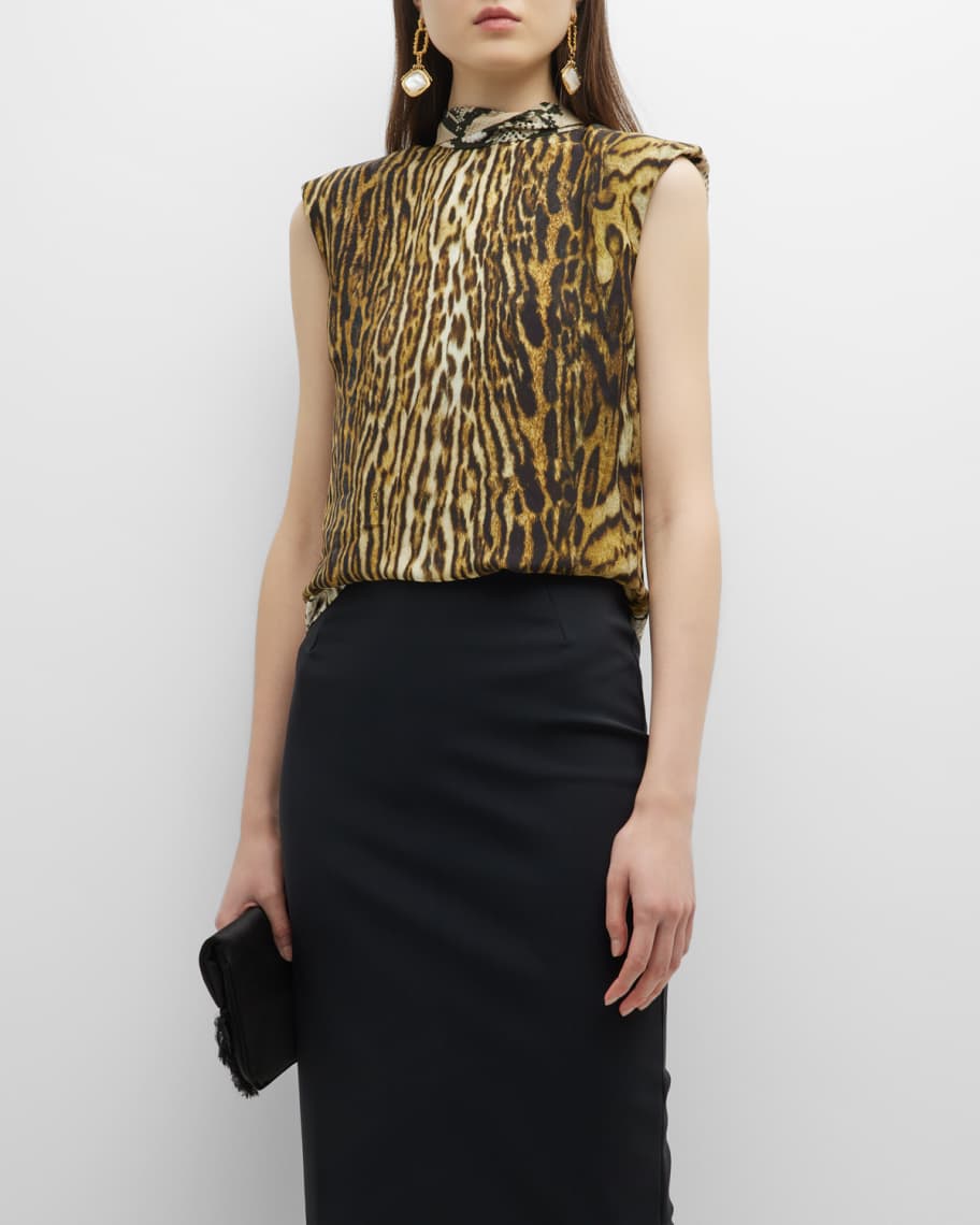 Roberto Cavalli Mixed Animal-Print Strong-Shoulder Neck-Tie Top ...