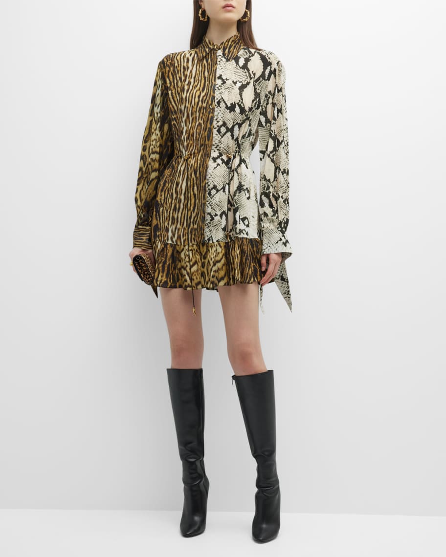 Roberto Cavalli Mixed Animal-Print Ruffle Mini Shirtdress | Neiman Marcus