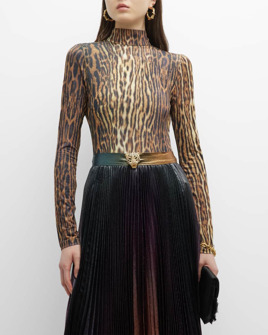 Roberto Cavalli Leopard-Print Mock-Neck Open-Back Bodysuit | Neiman Marcus