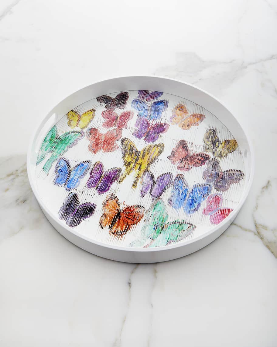 Hunt Slonem Round Lacquer & Wood Butterflies Serving Tray | Neiman Marcus