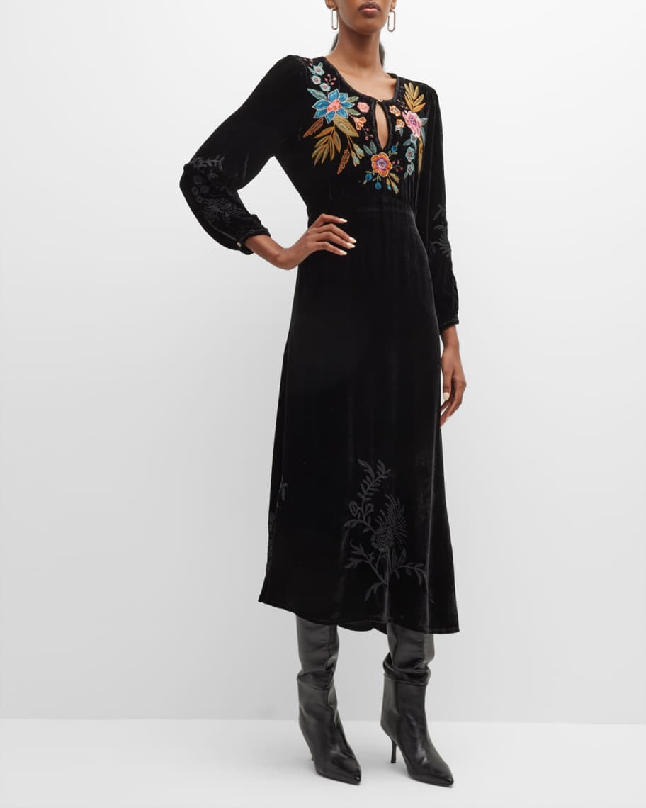 Johnny Was Bianca Floral-Embroidered Velvet Maxi Dress | Neiman Marcus