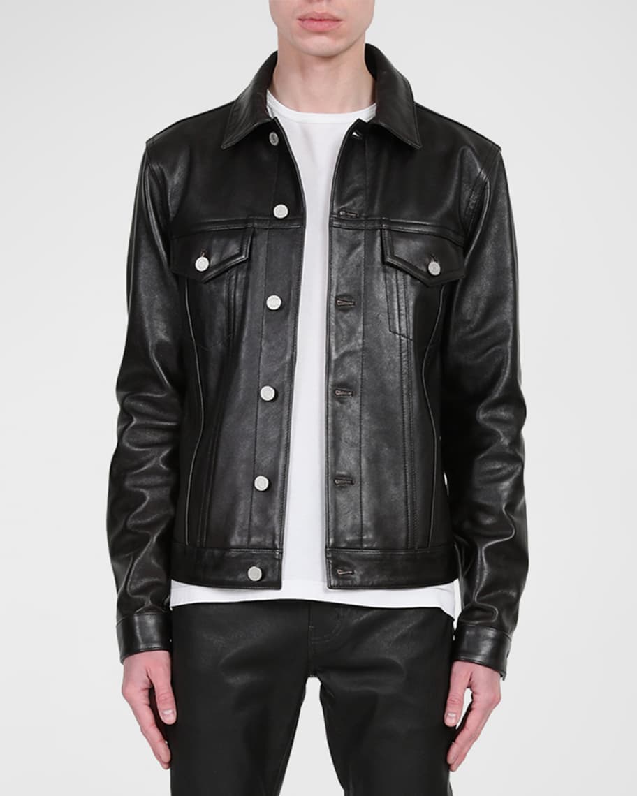 PURPLE Men's Lambskin Leather Trucker Jacket | Neiman Marcus