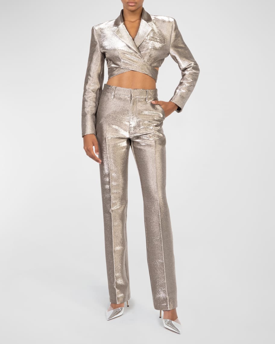 Ronny Kobo Moody Metallic Seamed Straight-Leg Pants | Neiman Marcus