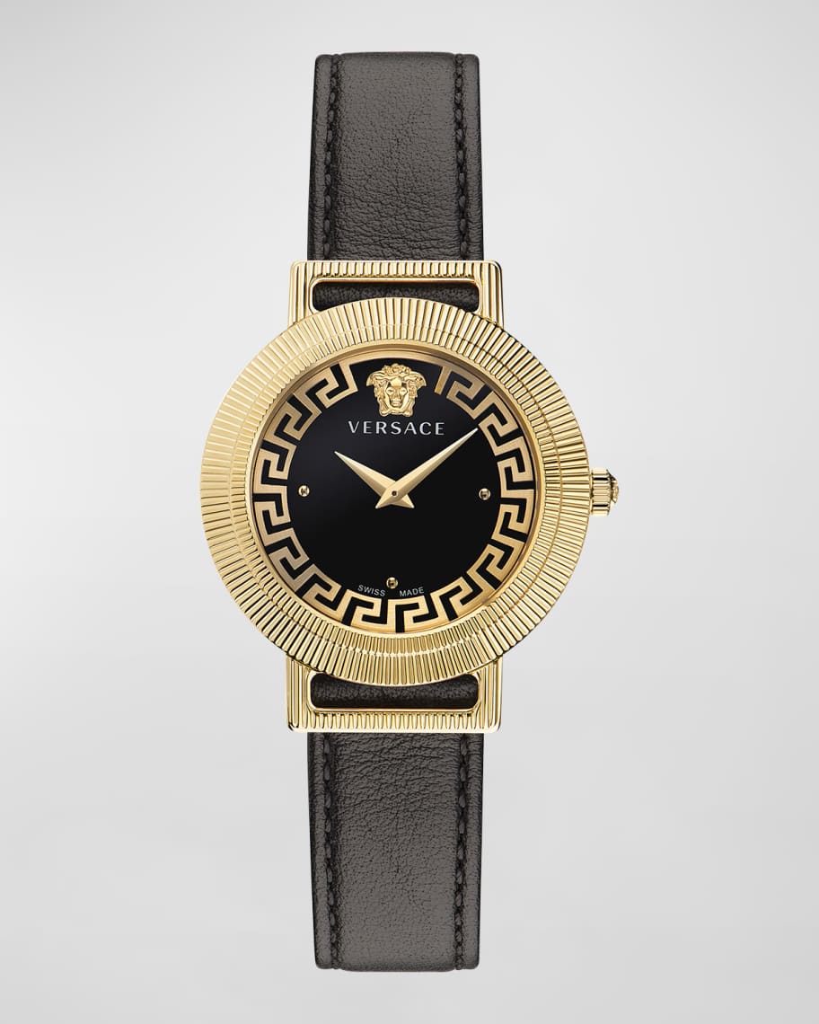 Versace 36mm Greca Chic Leather Watch, Gold/Black | Neiman Marcus