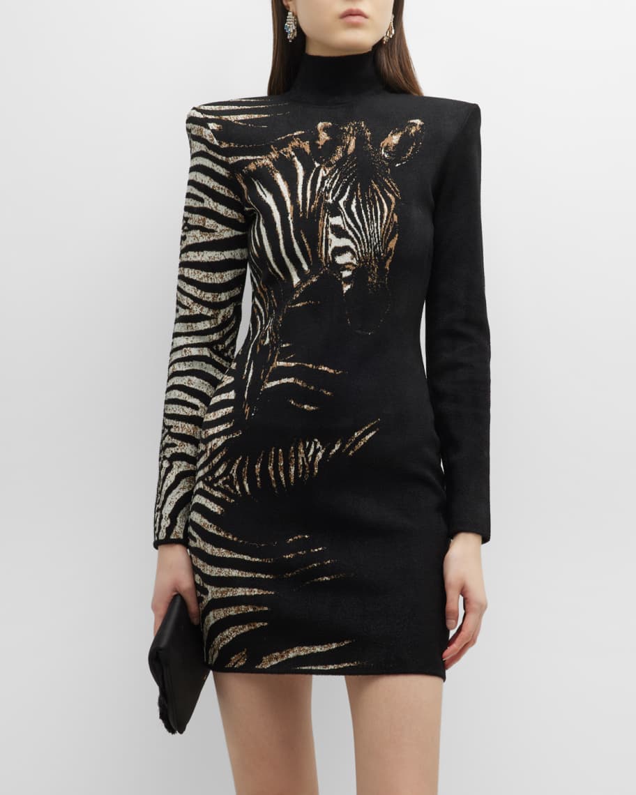 Roberto Cavalli Zebra Jacquard Strong-Shoulder Mini Dress | Neiman Marcus