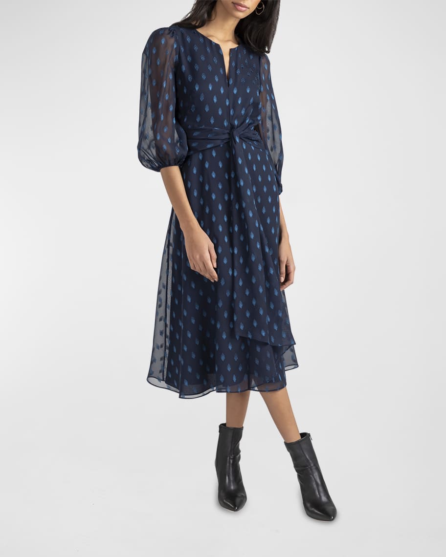 Shoshanna Melrose Blouson-Sleeve Chiffon Midi Dress | Neiman Marcus