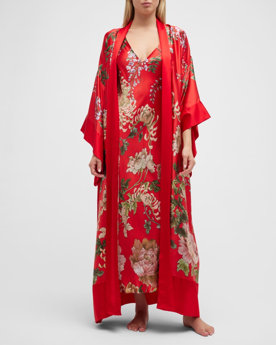 Josie Natori Kairaku Tasseled Floral-Print Satin Robe | Neiman Marcus