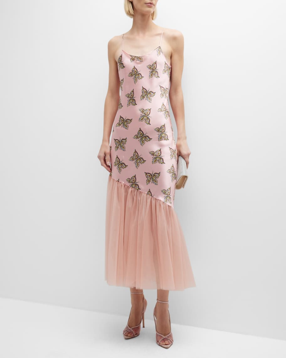 Rodarte Butterfly-Print Asymmetrical Tulle-Ruffle Silk Slip Dress ...