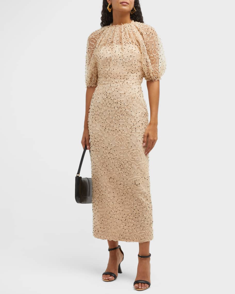 Lela Rose Blouson Sleeve Dotted Sheath Dress | Neiman Marcus