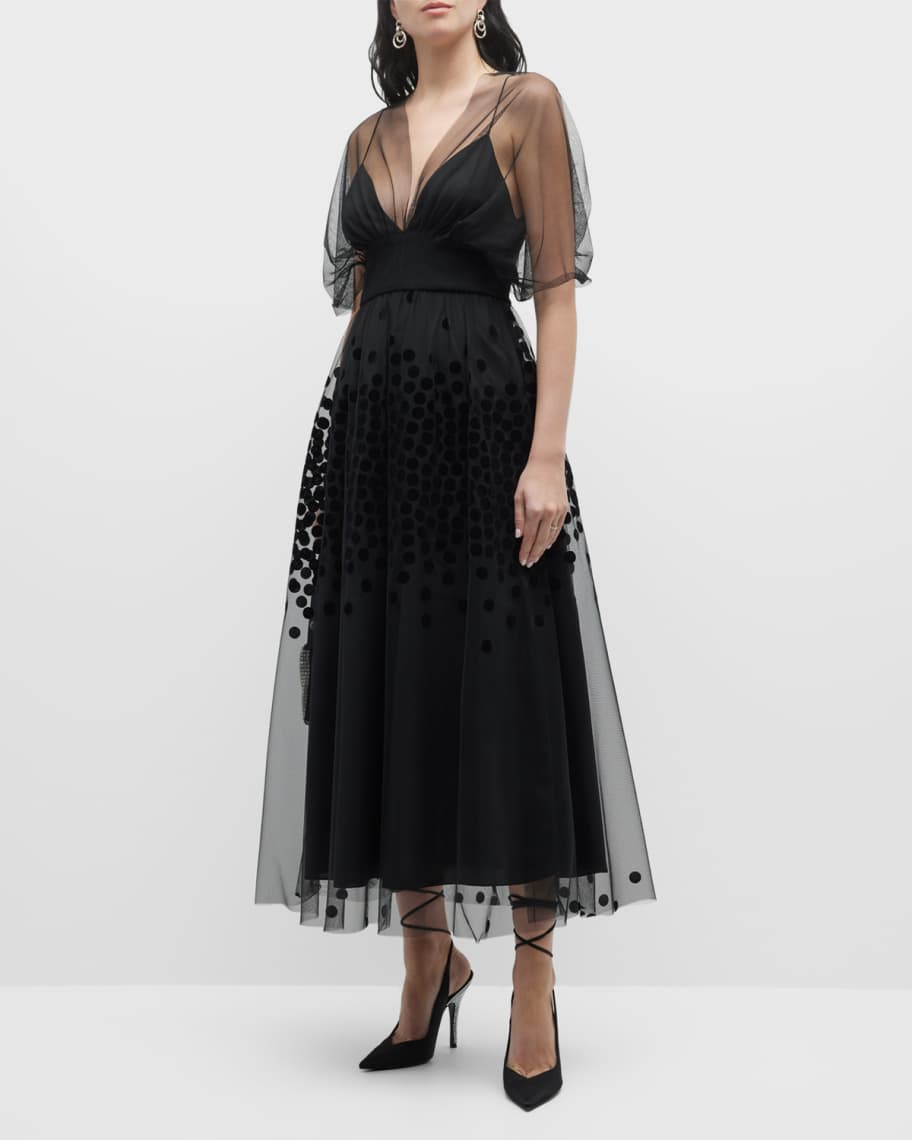 Lela Rose V-Neck Flocked Polka-Dot Tulle Tea-Length Dress | Neiman Marcus