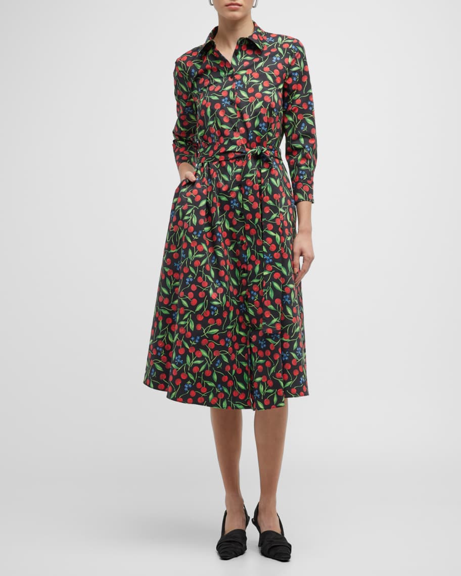 Carolina Herrera Cherry-Print Waist-Tie Midi Shirtdress | Neiman Marcus