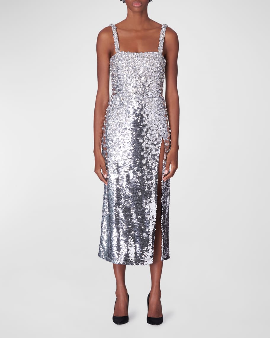 Carolina Herrera Floral Sequin Embroidered Thigh-Slit Midi Dress | Neiman Marcus