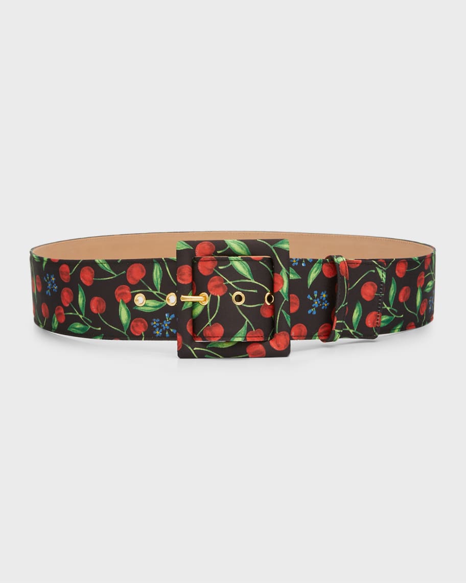 Carolina Herrera Square-Buckle Cherry-Print Wide Belt | Neiman Marcus