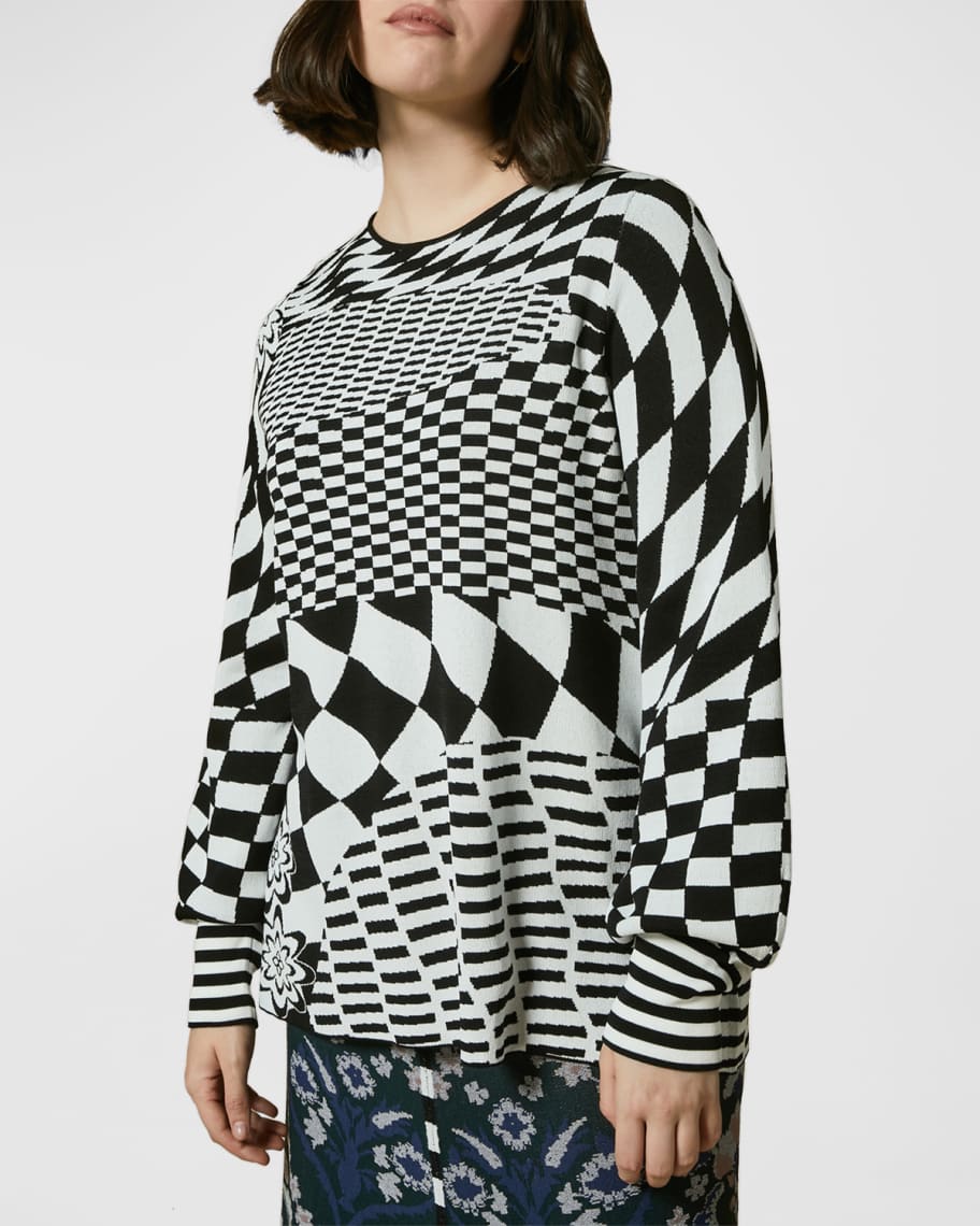 Marina Rinaldi Affresco Crewneck Checkered Pullover Sweater | Neiman Marcus