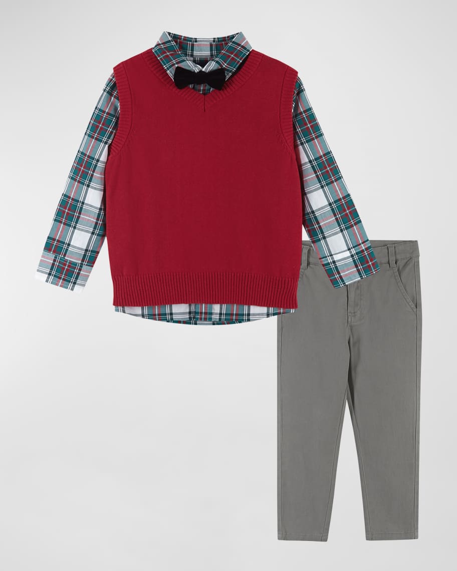 Andy & Evan Boy's Holiday Checkered Button Down W/ Sweater Vest & Bow ...