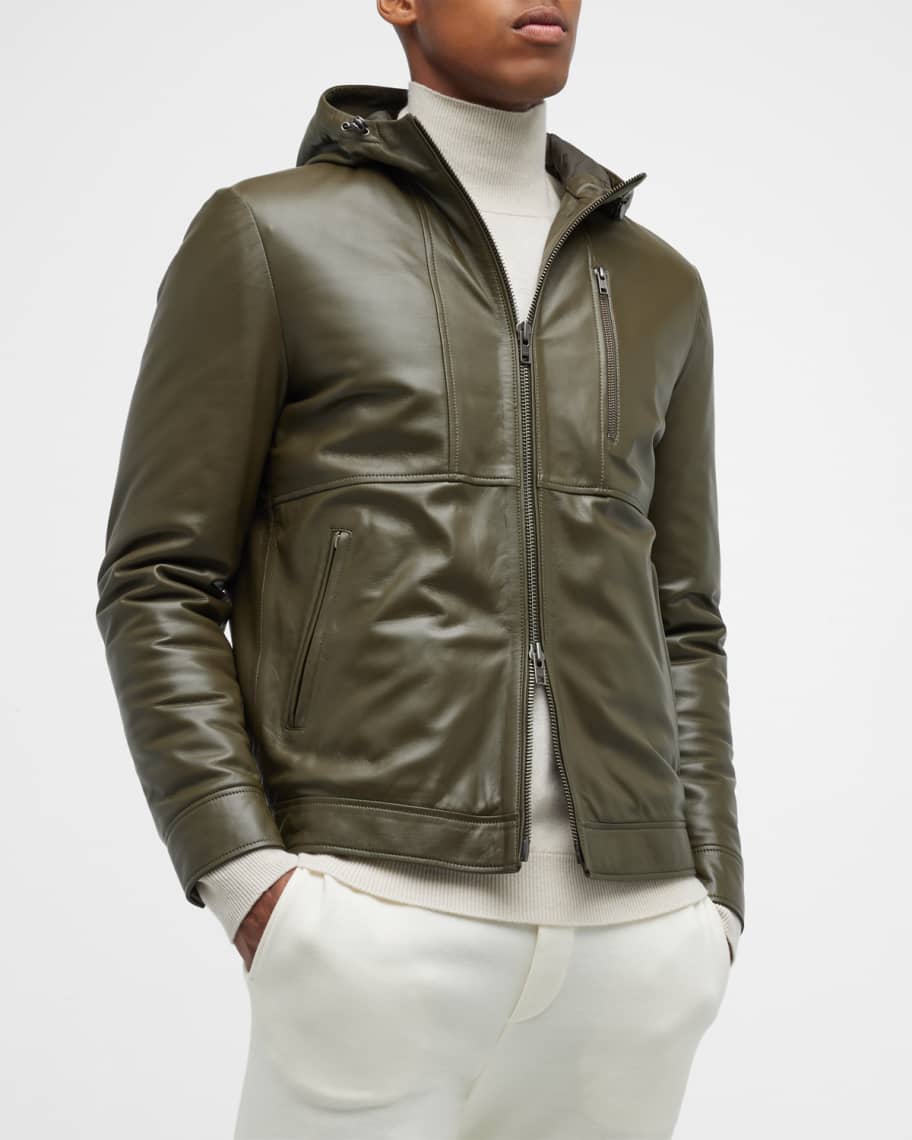Bugatchi Men's Hooded Leather Bomber Jacket | Neiman Marcus