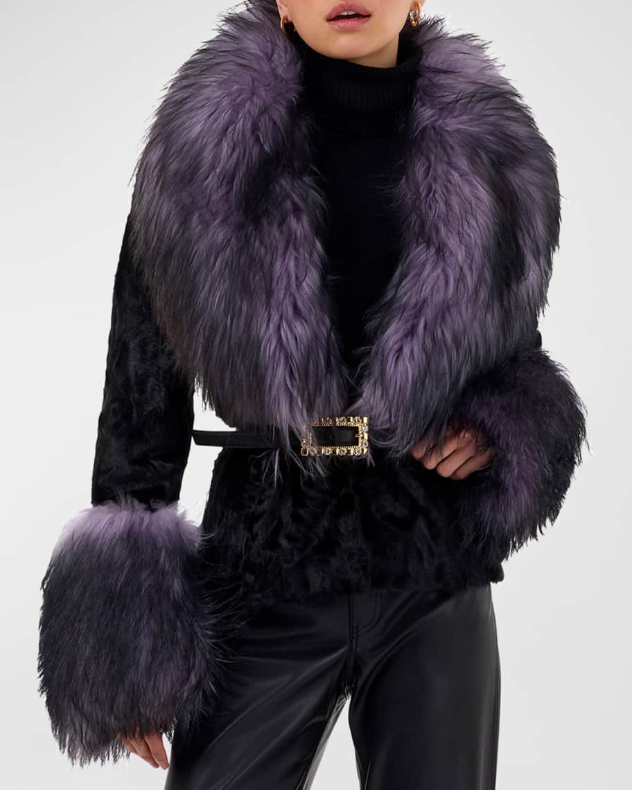 Gorski Belted Curly Lamb Shearling Jacket w/ Goat Fur Trim | Neiman Marcus