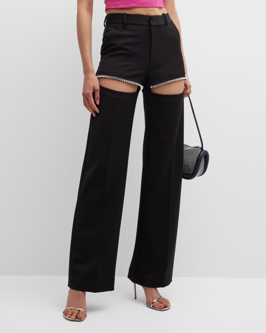 AREA Crystal Slit Straight-Leg Trousers | Neiman Marcus
