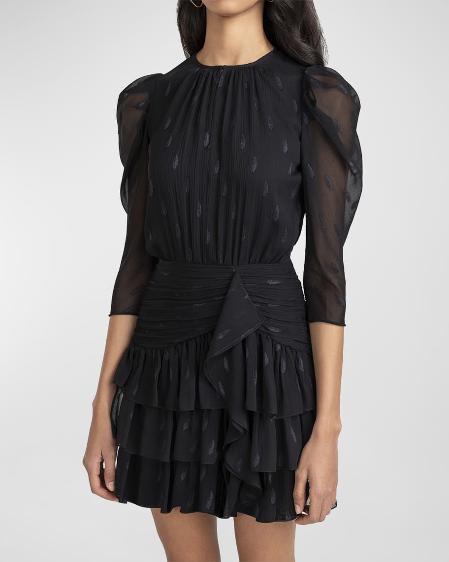 Shoshanna Kieran Ruffle Puff-Sleeve Chiffon Mini Dress | Neiman Marcus