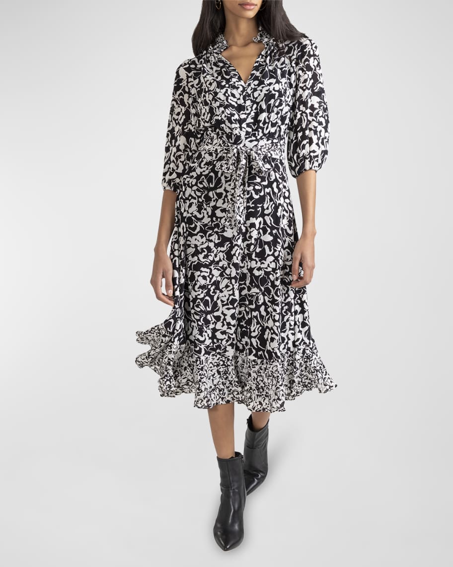 Shoshanna Medley Two-Tone Floral-Print Midi Dress | Neiman Marcus