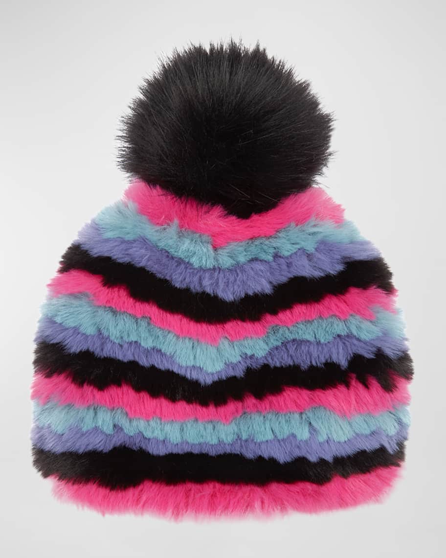 Jocelyn Striped Faux Fur Beanie With Pom | Neiman Marcus