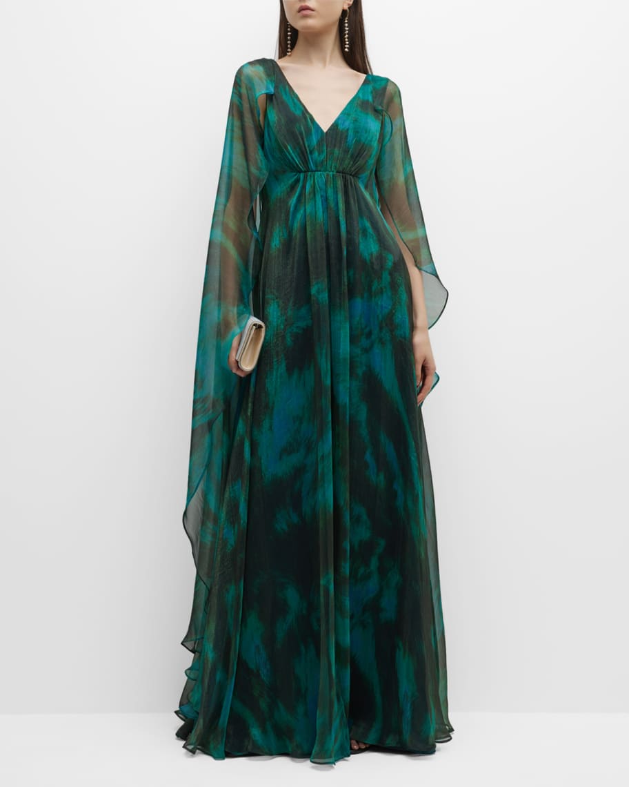 Rene Ruiz Collection Burnout Cape-Sleeve Silk Gown | Neiman Marcus