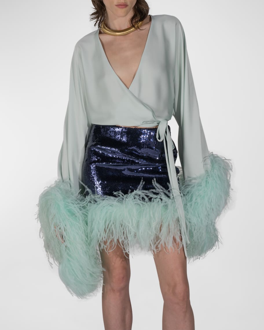 NERVI Chemize Feather-Trim Crop Wrap Top | Neiman Marcus