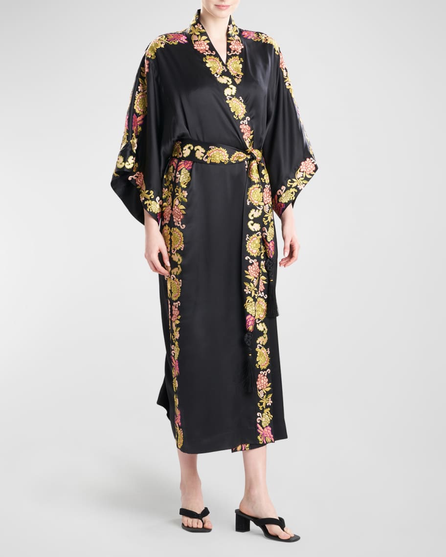 Josie Natori Yasugi Embroidered-Trim Silk Robe | Neiman Marcus