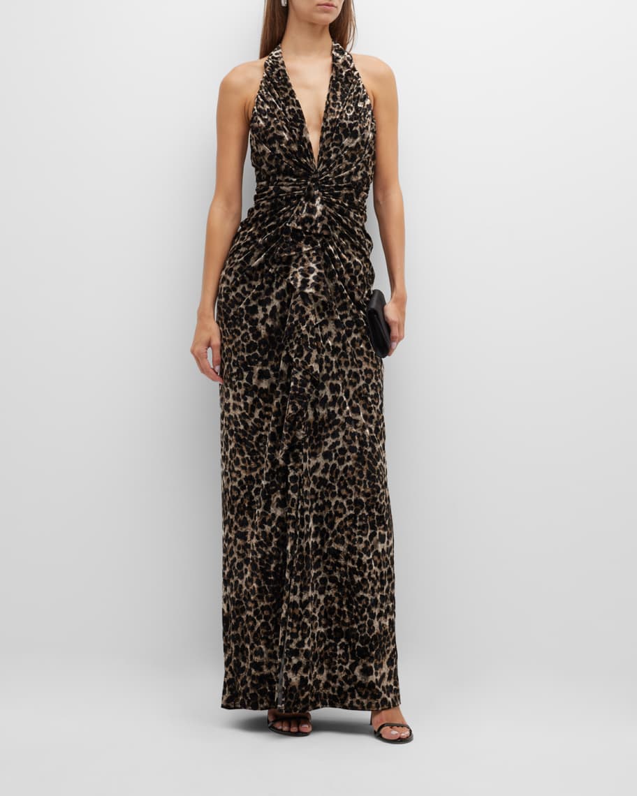 SHO by Tadashi Shoji Leopard Velvet Halter Gown | Neiman Marcus