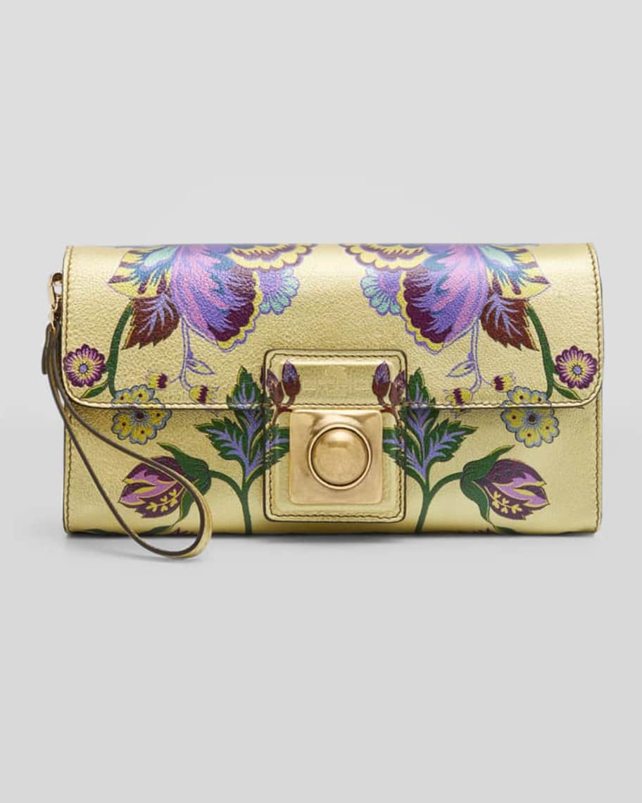 Etro Flower-Print Metallic Leather Clutch Bag | Neiman Marcus