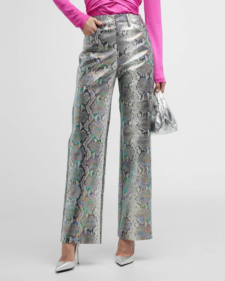 Rotate Birger Christensen Straight Faux-Leather Snake Pants | Neiman Marcus