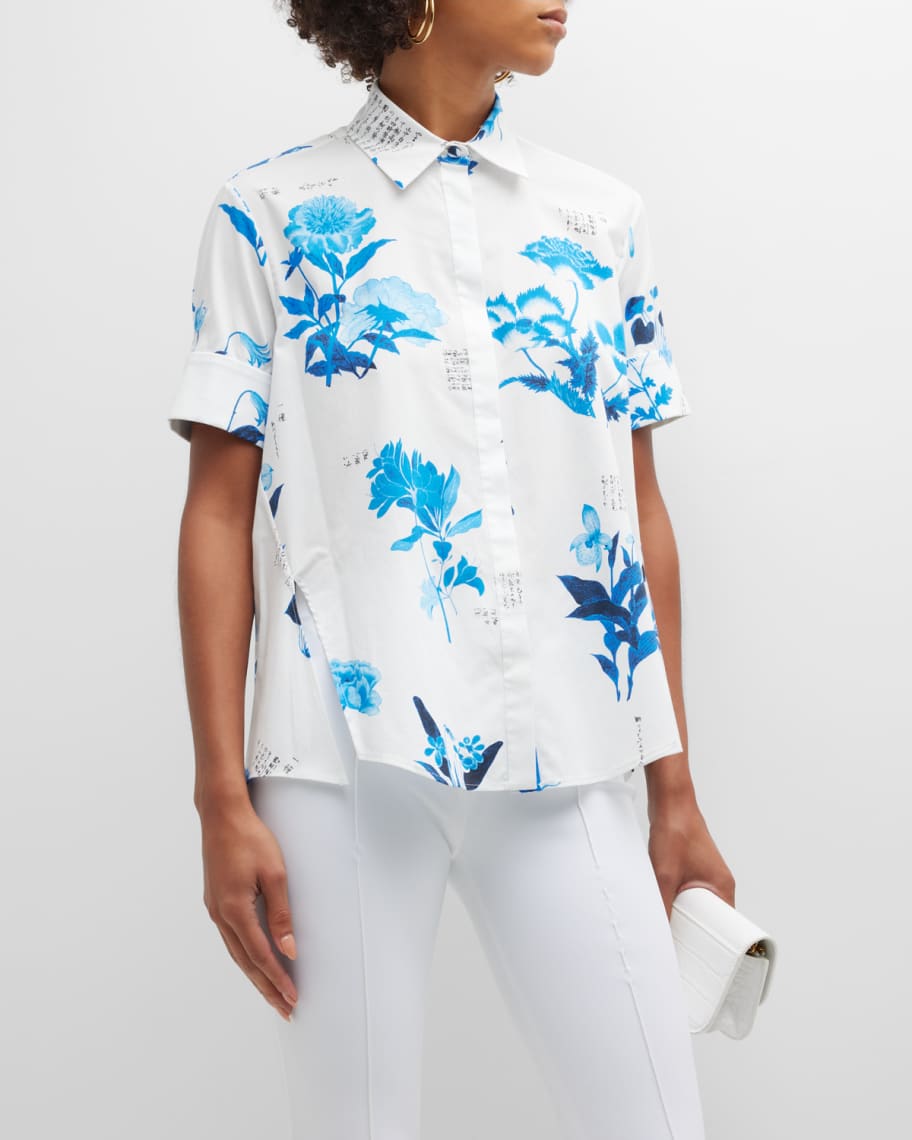 Adam Lippes Floral-Print Poplin Trapeze Shirt | Neiman Marcus