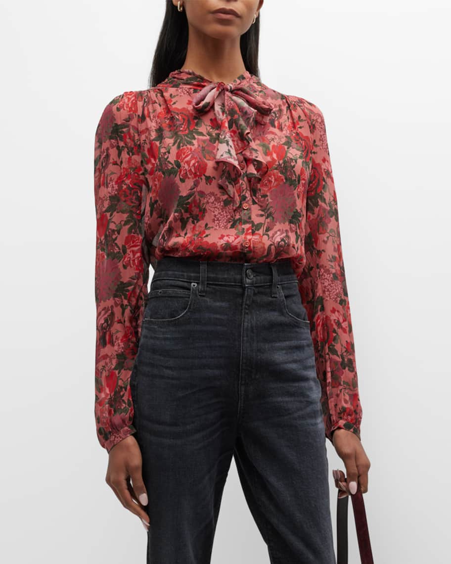 PAIGE Elynne Button-Front Ruffle Tie Blouse | Neiman Marcus