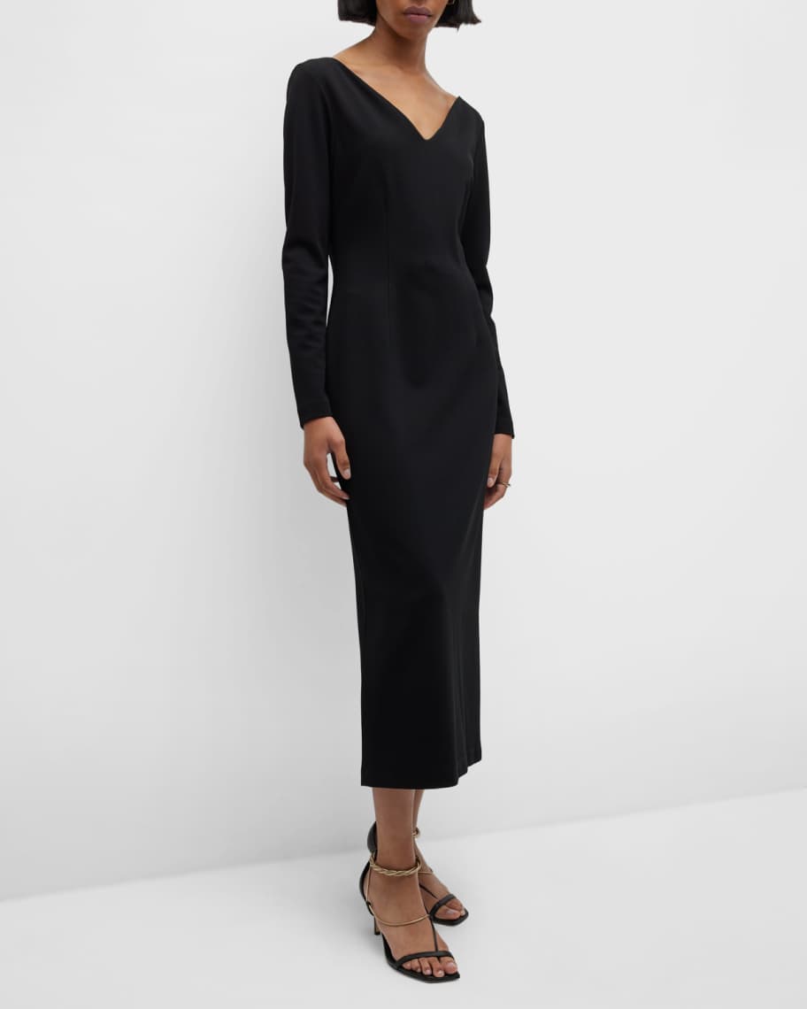 Lafayette 148 New York Long-Sleeve V-Neck Midi Dress | Neiman Marcus