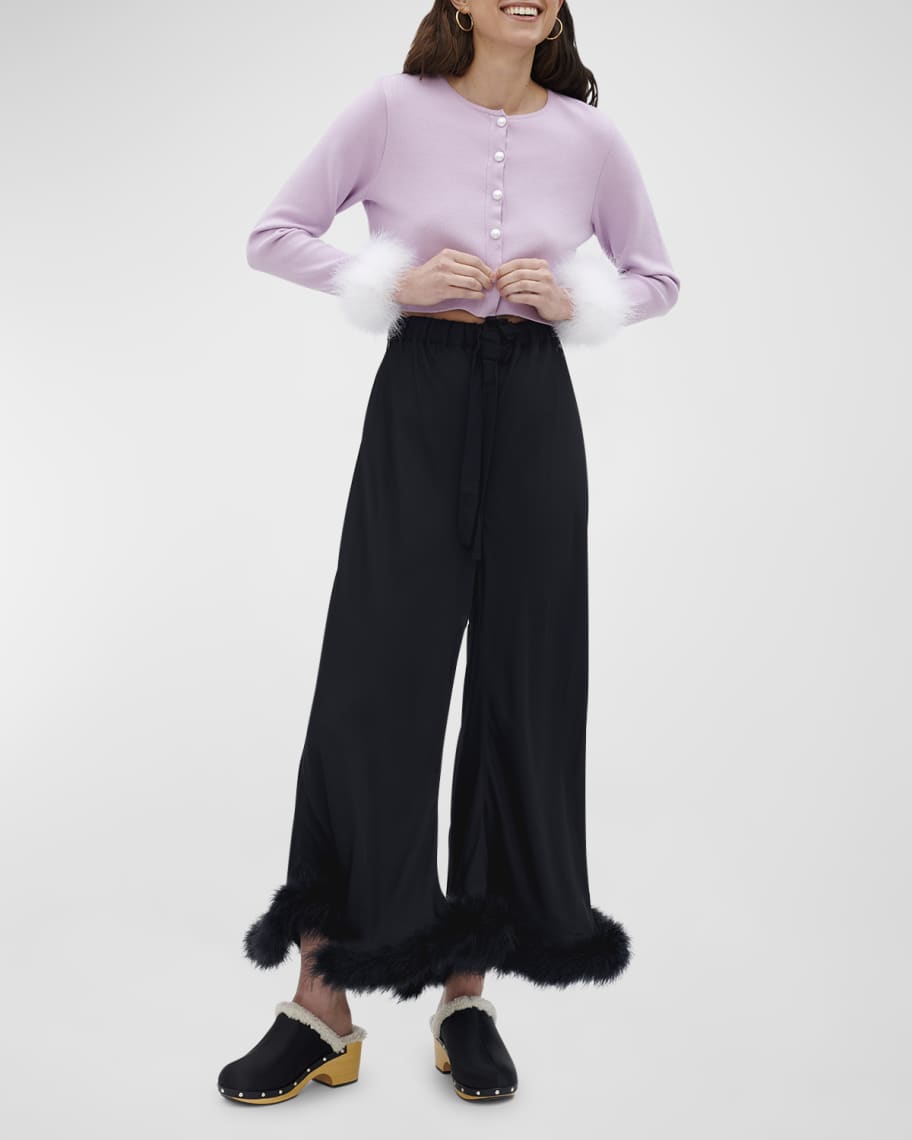 Sleeper Budoir Cropped Feather-Trim Wide-Leg Pants | Neiman Marcus