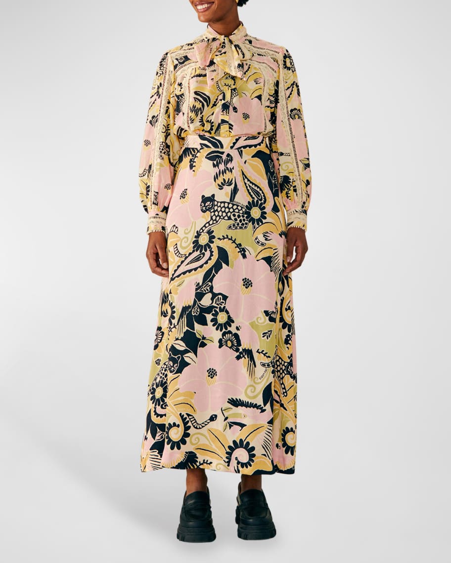 Farm Rio Vintage Forest Lace-Trim Tie-Neck Blouse | Neiman Marcus