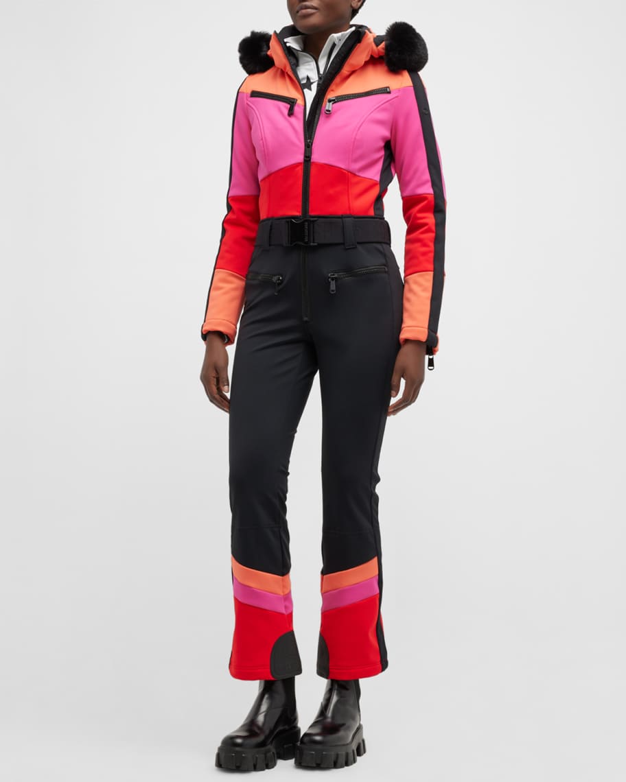 Goldbergh Pearl Colorblock Ski Suit with Faux Fur Ruff | Neiman Marcus