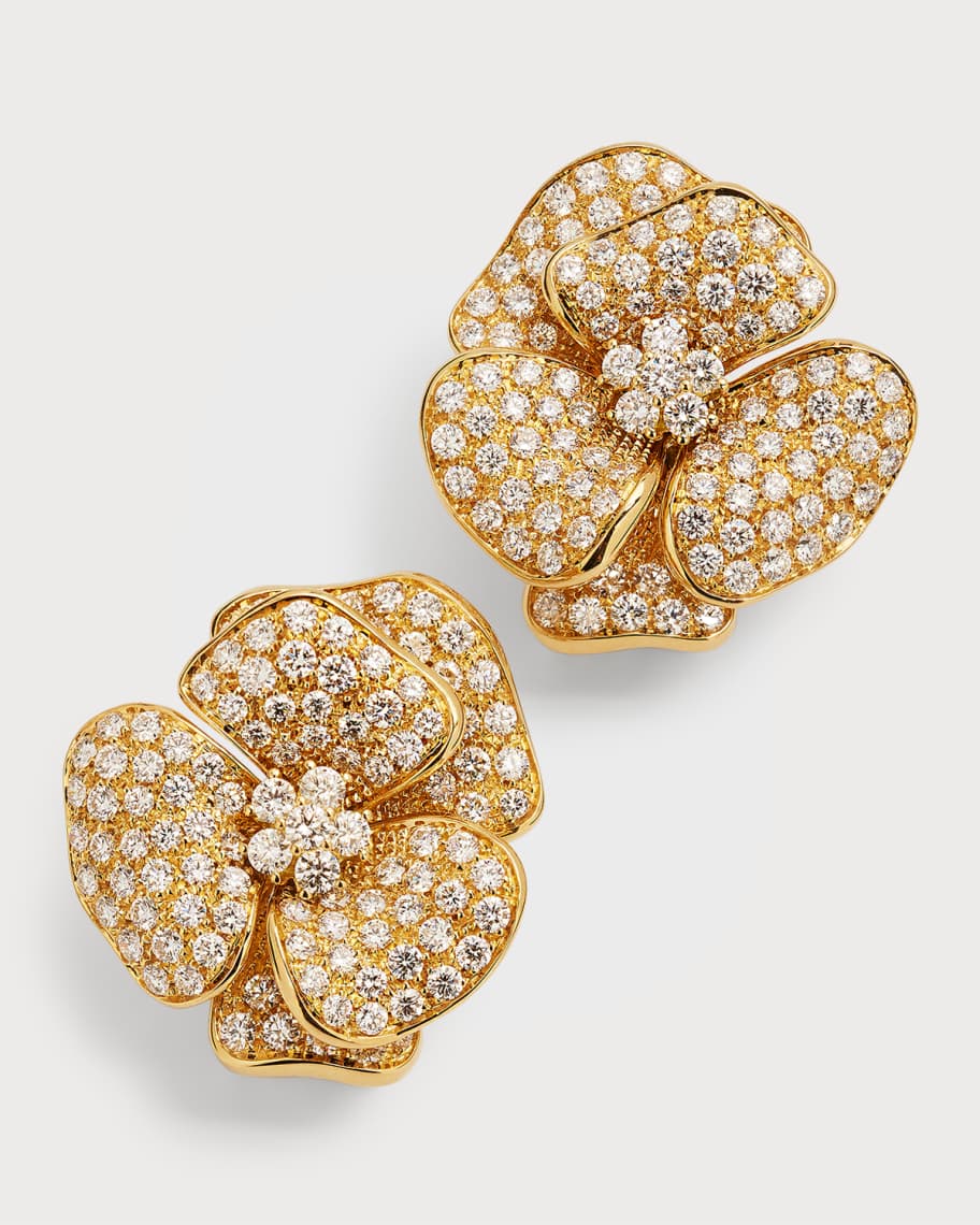 Leo Pizzo 18K Yellow Gold Pave Diamond Flower Omega Post Earrings ...