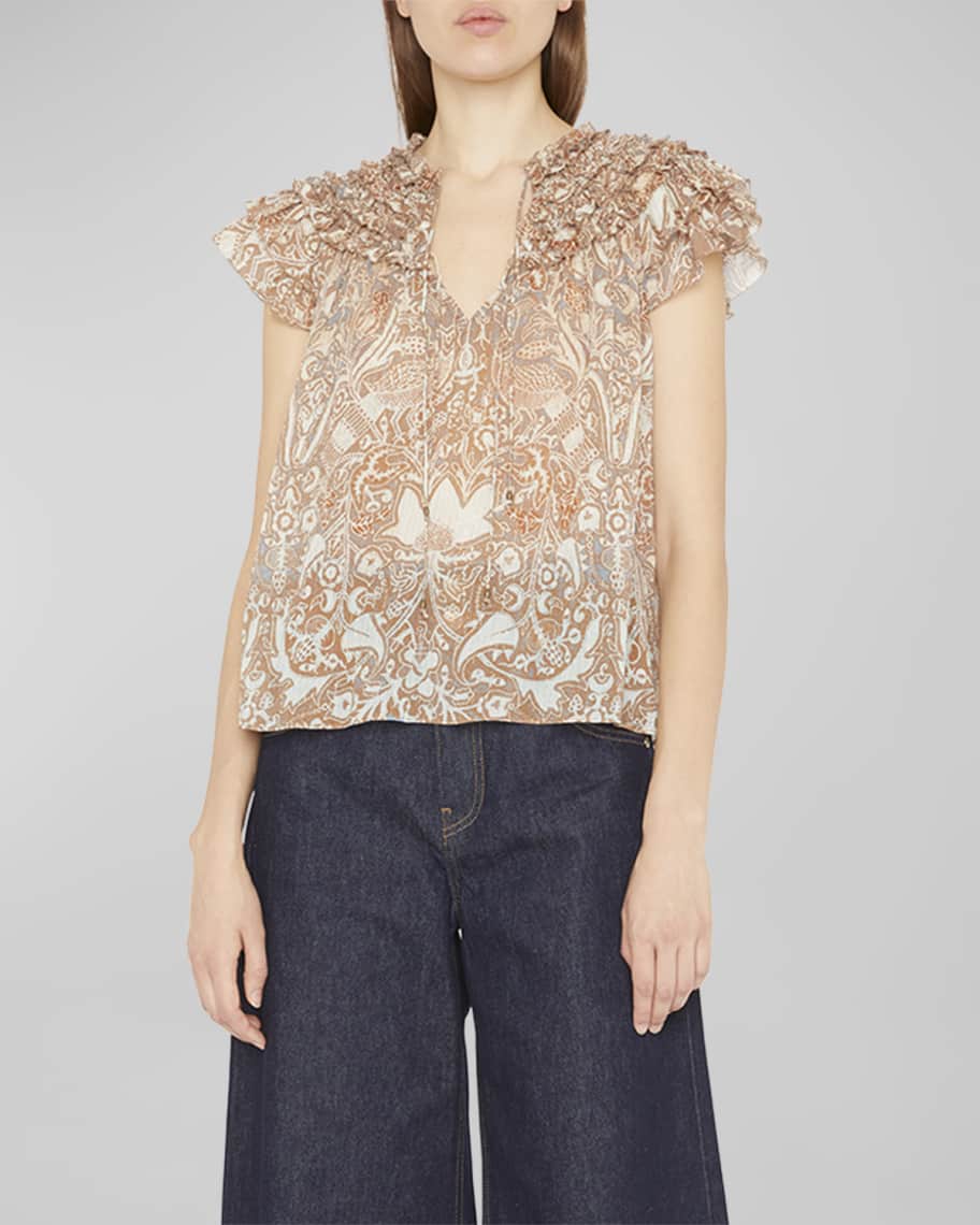 Ulla Johnson Signe Split-Neck Flutter-Sleeve Top | Neiman Marcus