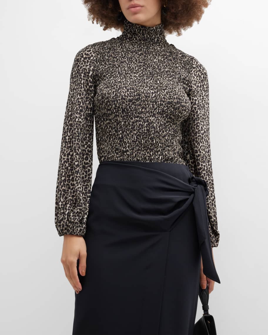 Donna Karan Smocked Leopard-Print Turtleneck Top | Neiman Marcus