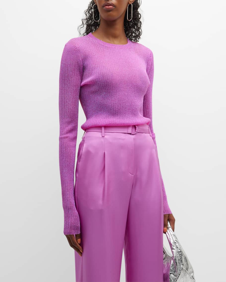 LAPOINTE Metallic Rib Knit Long-Sleeve Top | Neiman Marcus