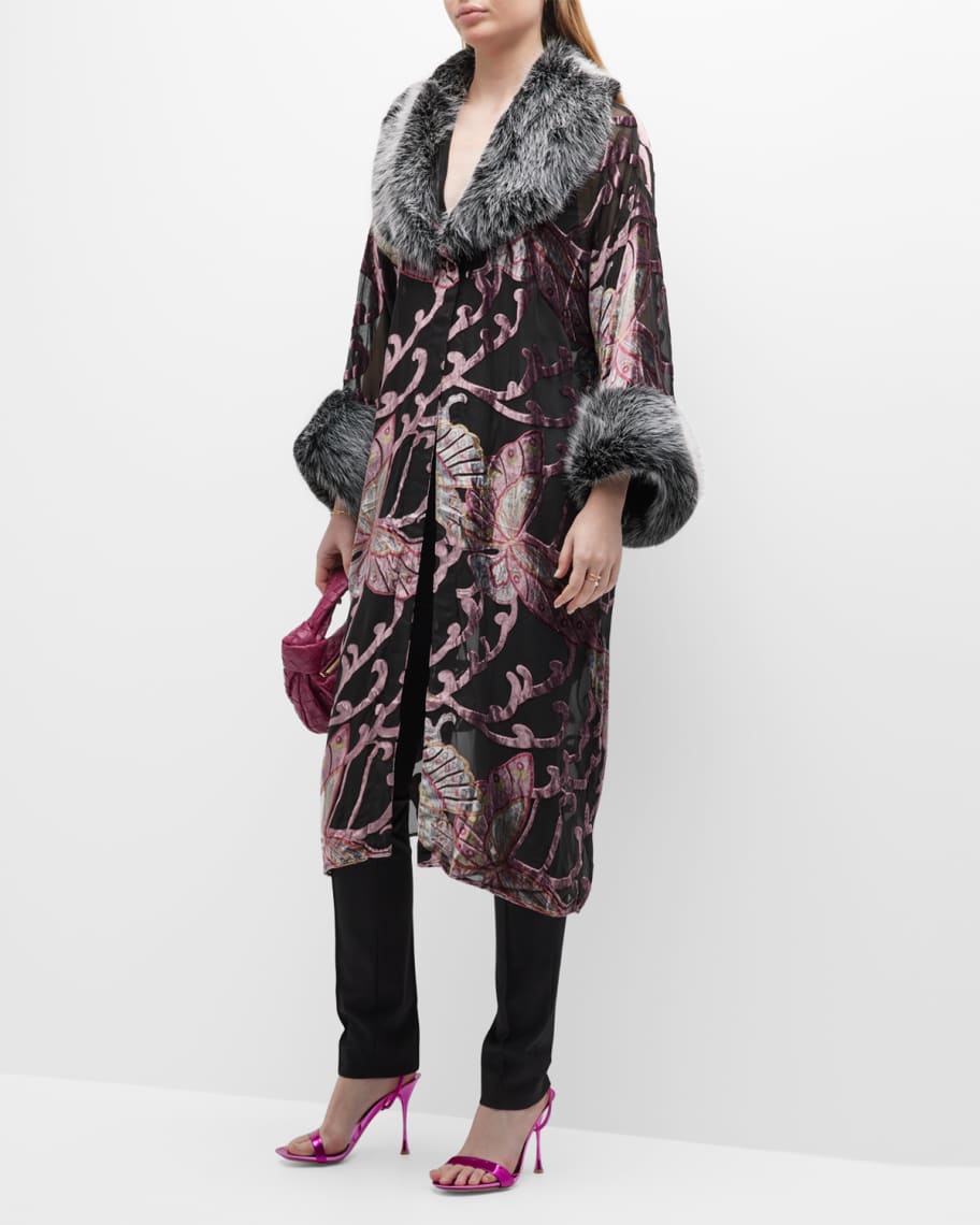 Adrienne Landau Burnout Velvet Coat W/ Faux Fur Trim | Neiman Marcus
