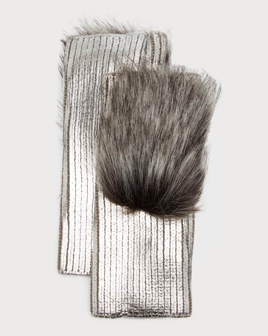 Adrienne Landau Metallic Wool Fingerless Gloves W/ Faux Fur | Neiman Marcus