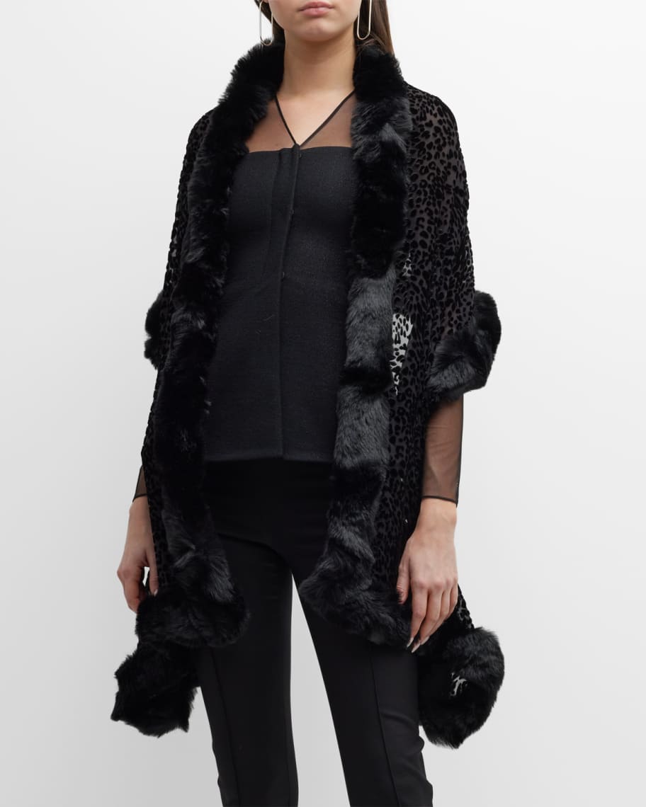 Adrienne Landau Leopard Silk Shawl with Faux-Fur | Neiman Marcus